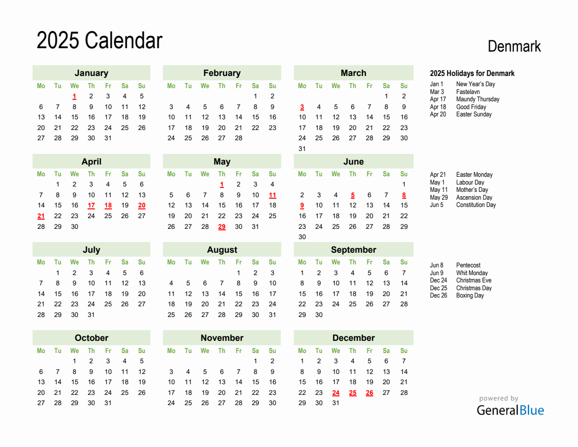 Holiday Calendar 2025 for Denmark - Monday Start