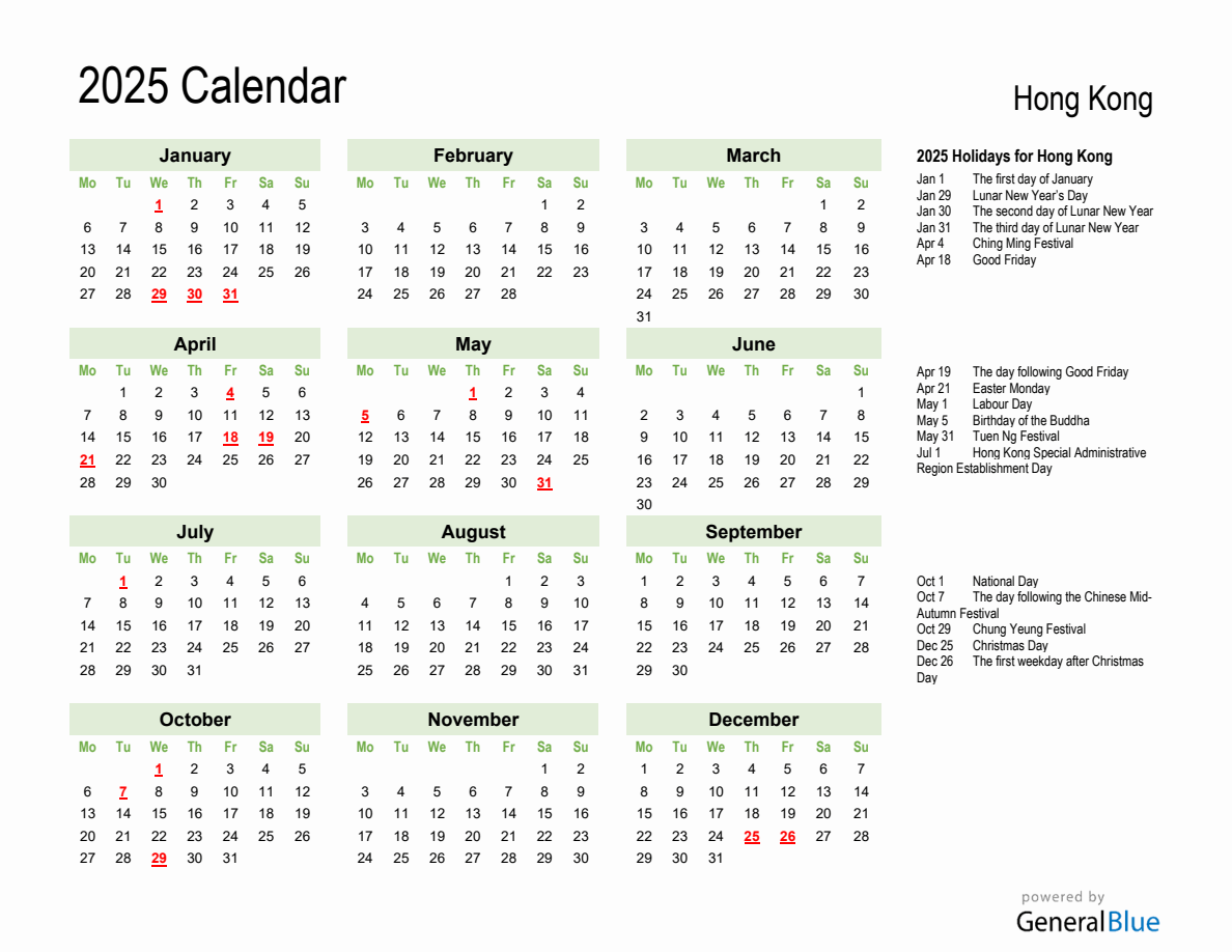 Holiday Calendar 2025 for Hong Kong - Monday Start