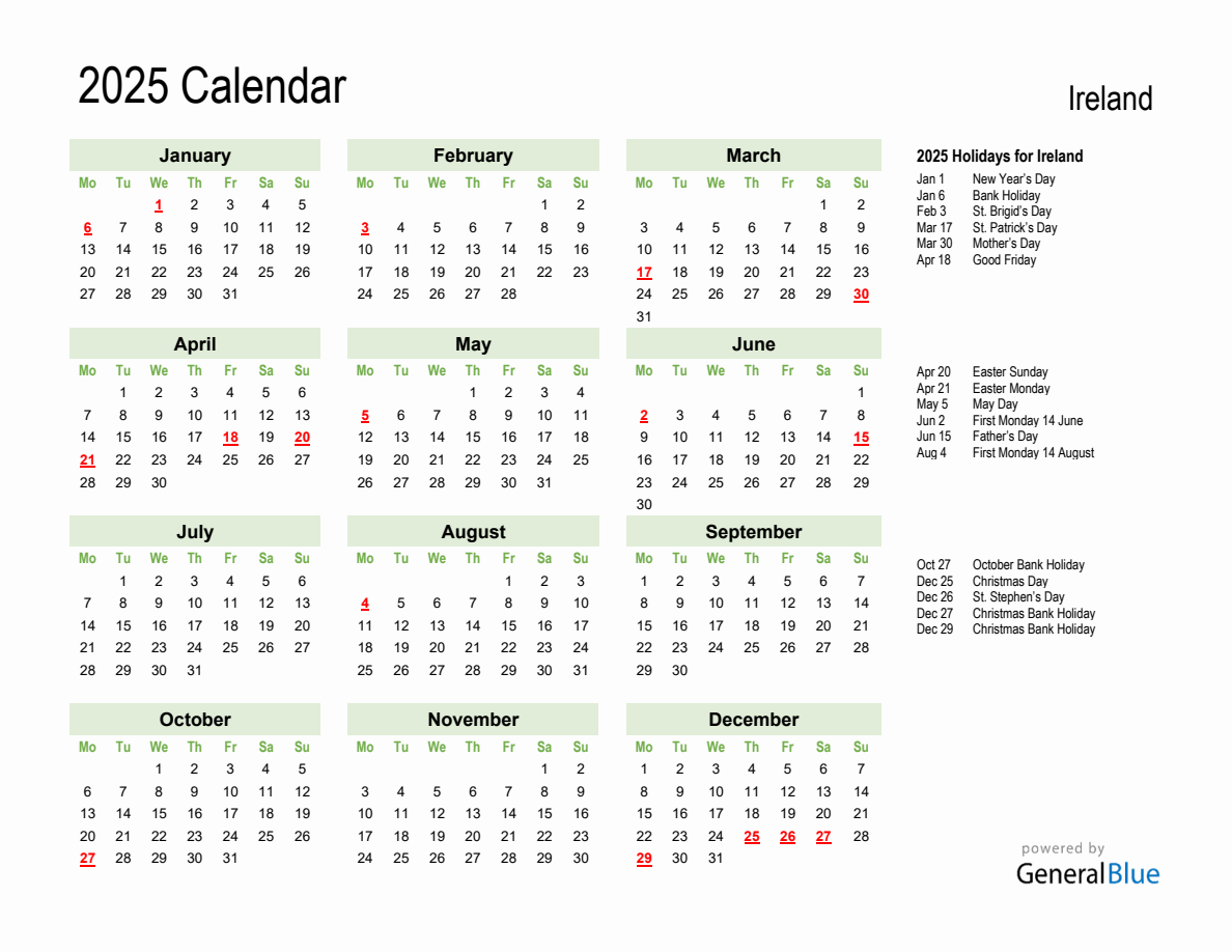 Holiday Calendar 2025 for Ireland - Monday Start