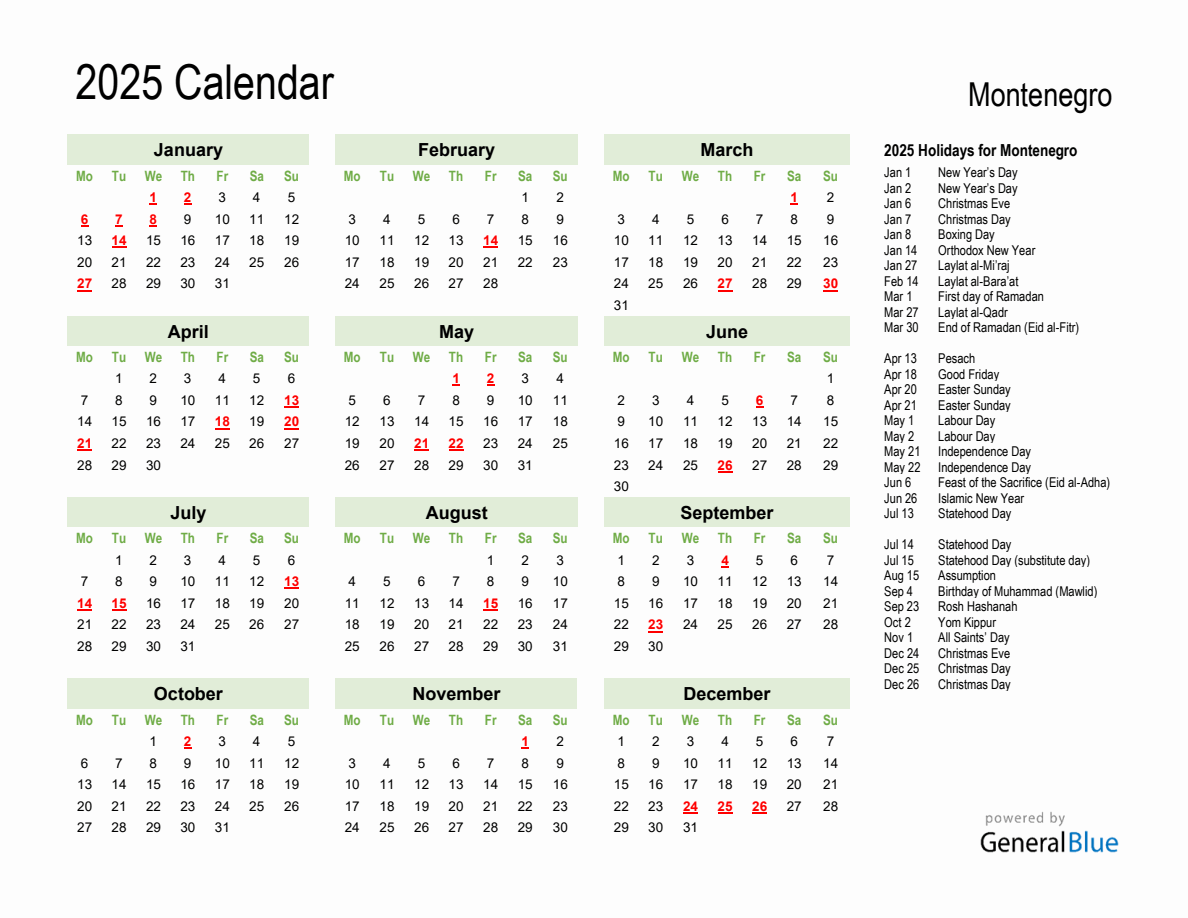 Holiday Calendar 2025 for Montenegro - Monday Start