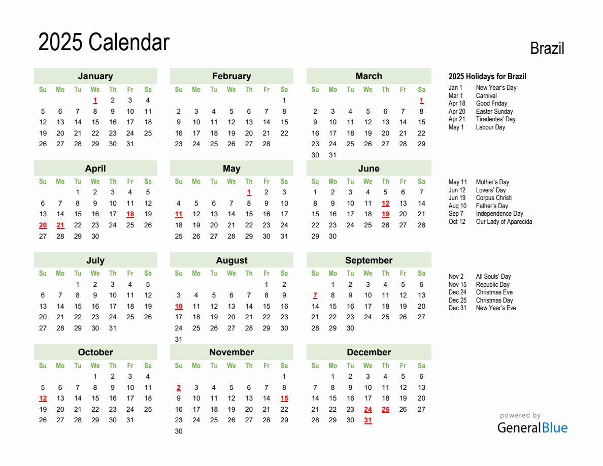 Holiday Calendar 2025 for Brazil