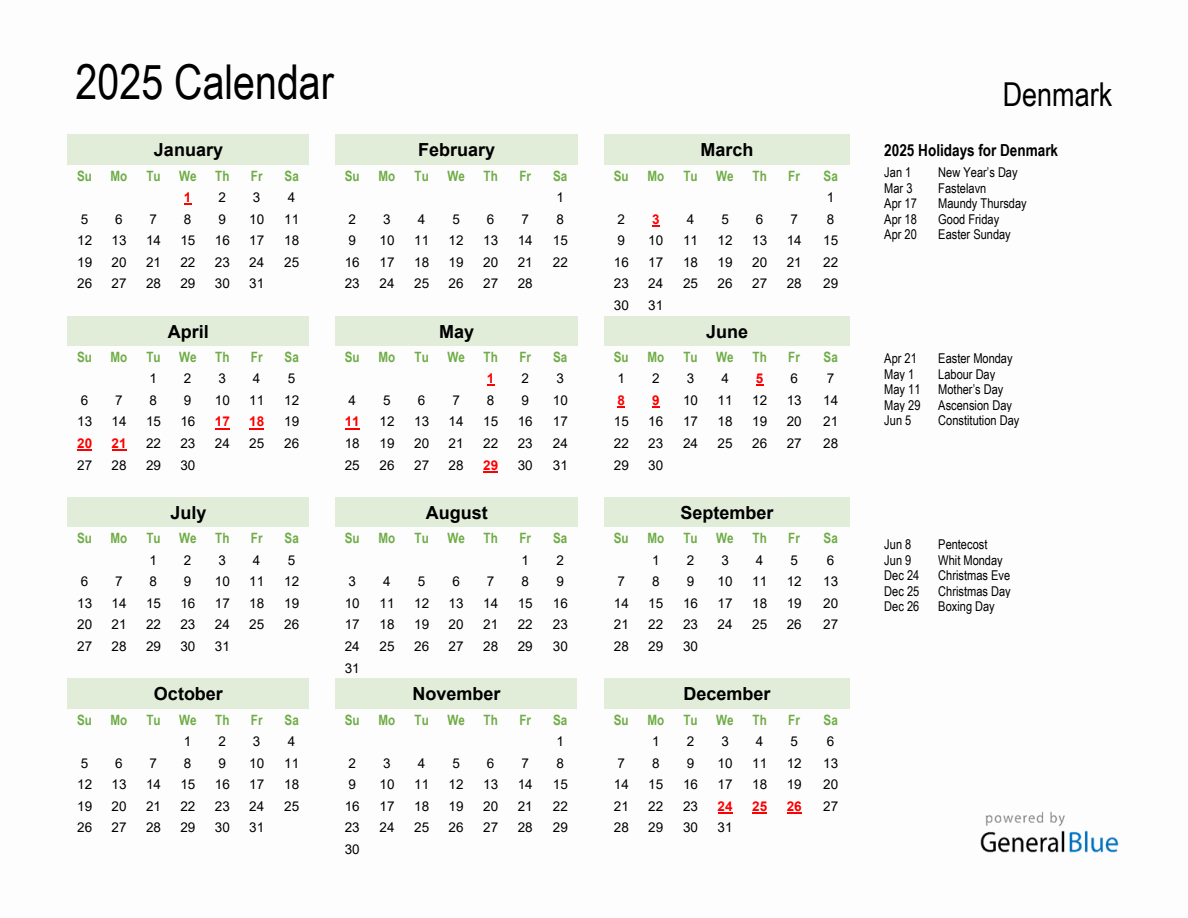 Holiday Calendar 2025 for Denmark
