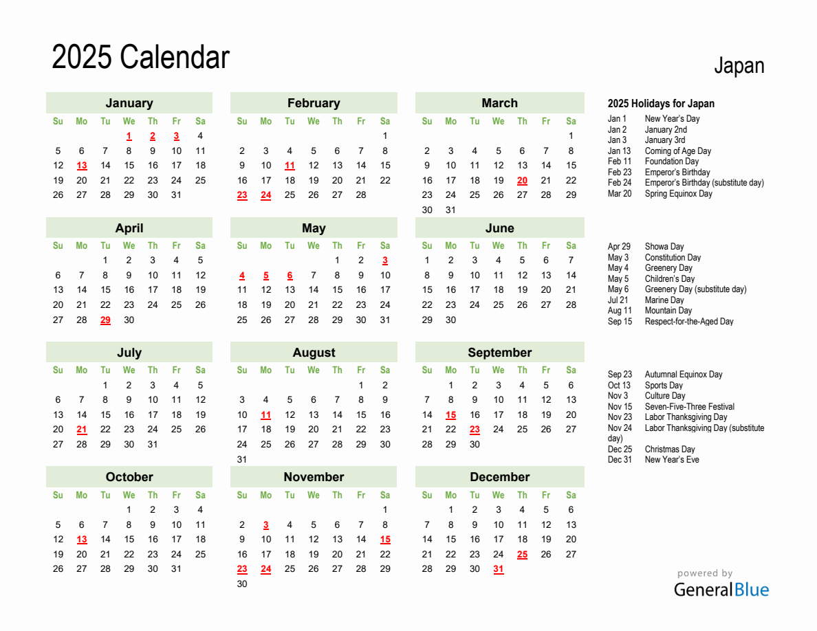 Holiday Calendar 2025 for Japan