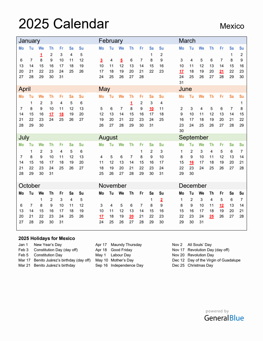 Annual Calendar 2025 with Mexico Holidays - Monday Start