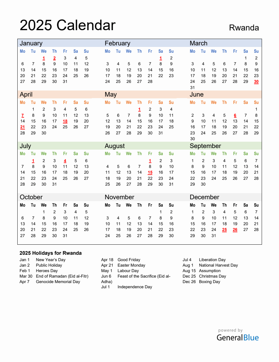Annual Calendar 2025 with Rwanda Holidays - Monday Start