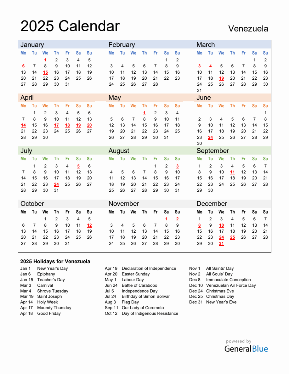 Annual Calendar 2025 with Venezuela Holidays - Monday Start