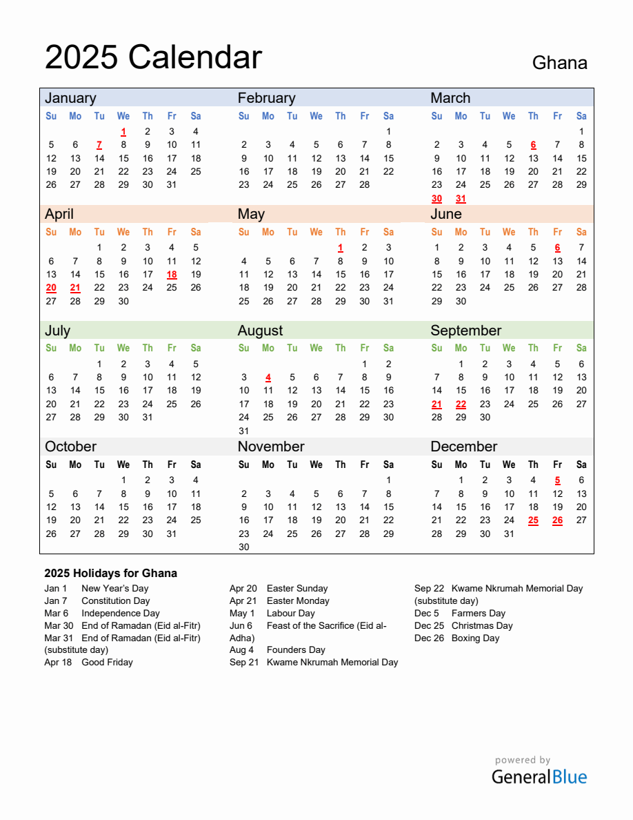 Annual Calendar 2025 with Ghana Holidays
