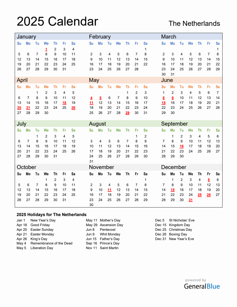Annual Calendar 2025 with The Netherlands Holidays