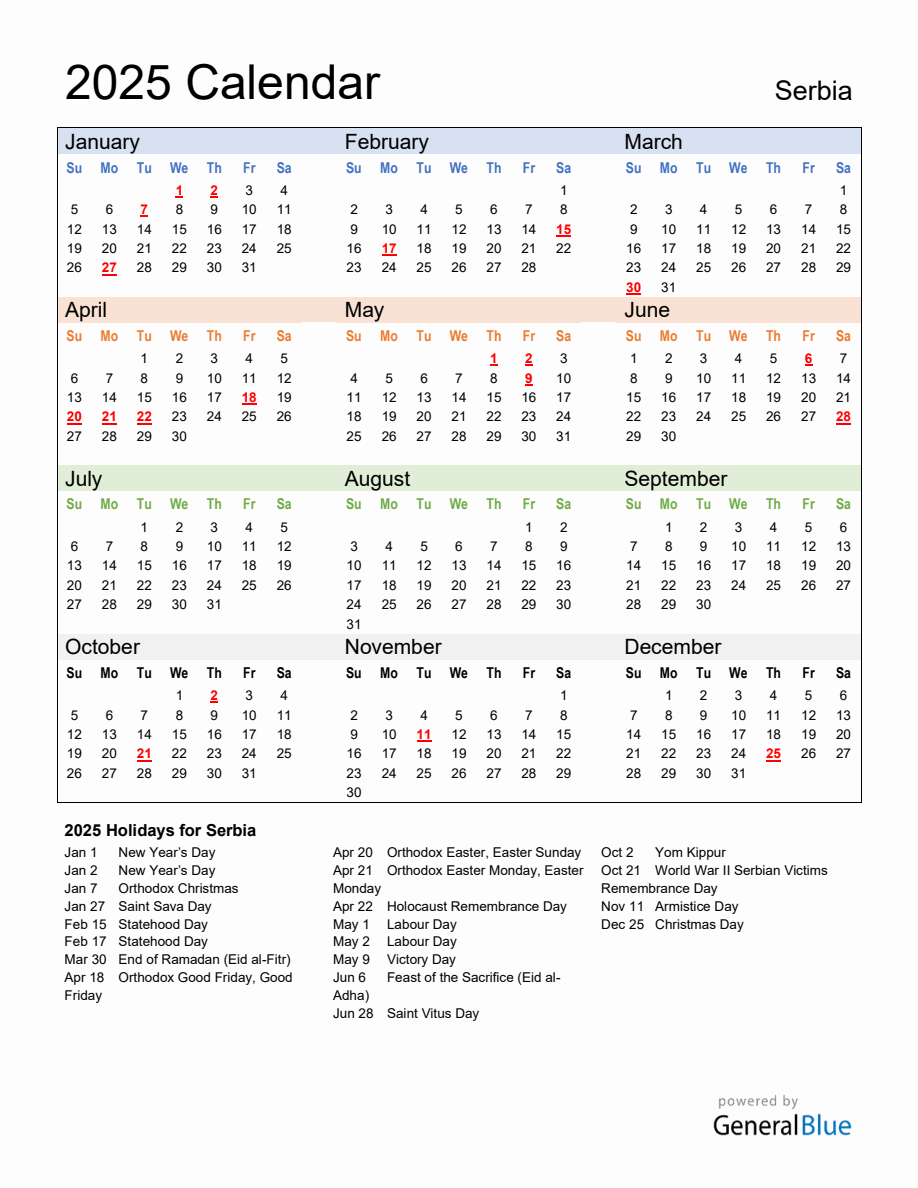 Annual Calendar 2025 with Serbia Holidays