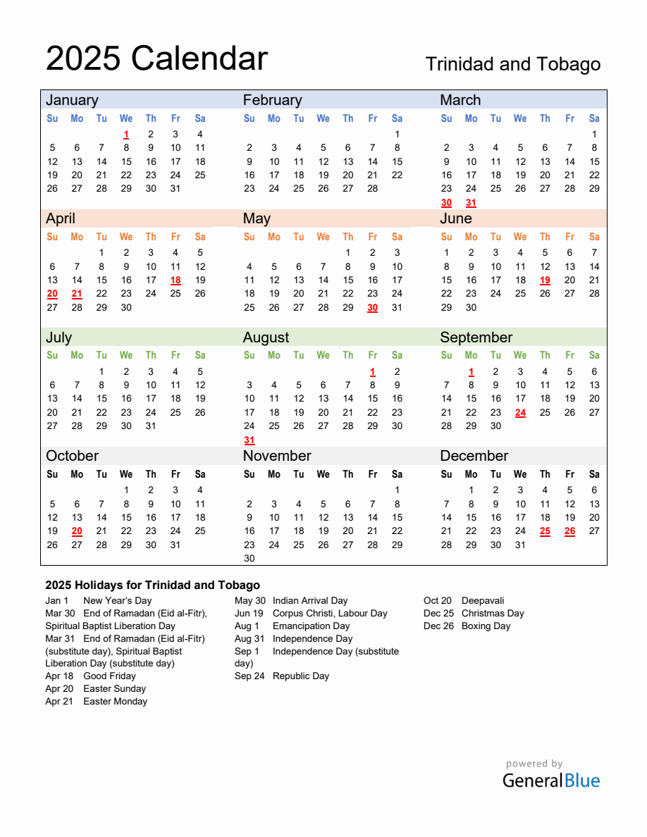 Annual Calendar 2025 with Trinidad and Tobago Holidays