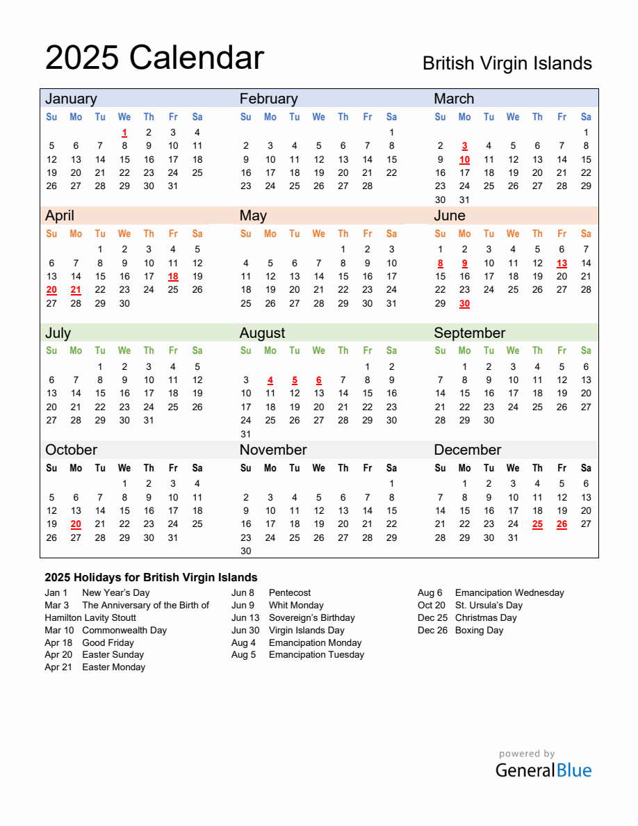 Annual Calendar 2025 with British Virgin Islands Holidays