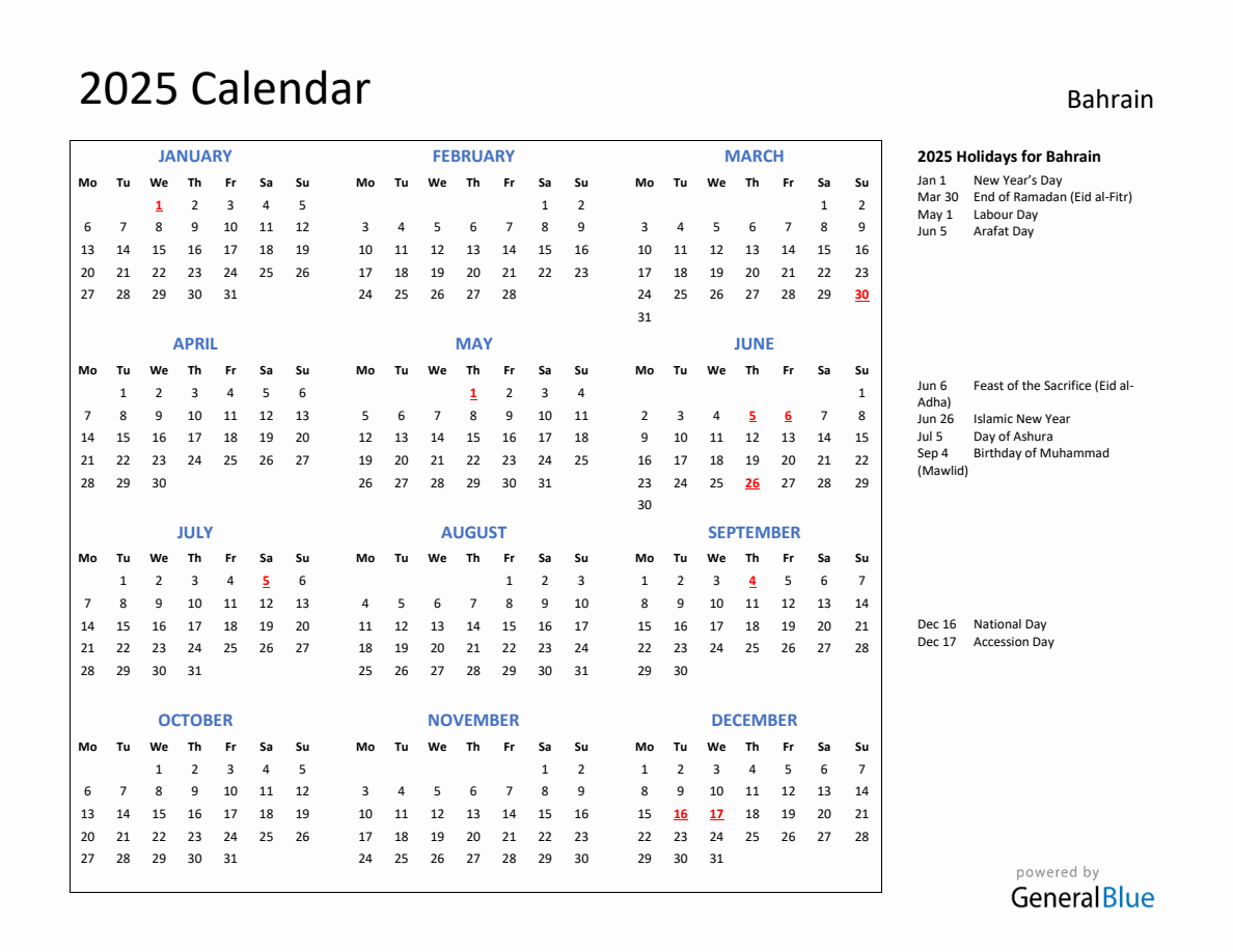 2025 Calendar with Holidays for Bahrain - Monday Start