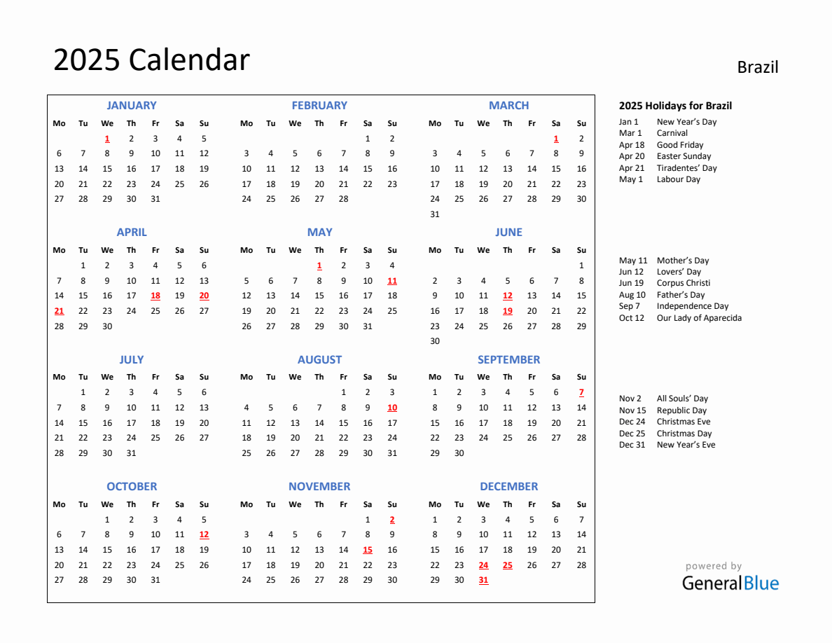 2025 Calendar with Holidays for Brazil - Monday Start