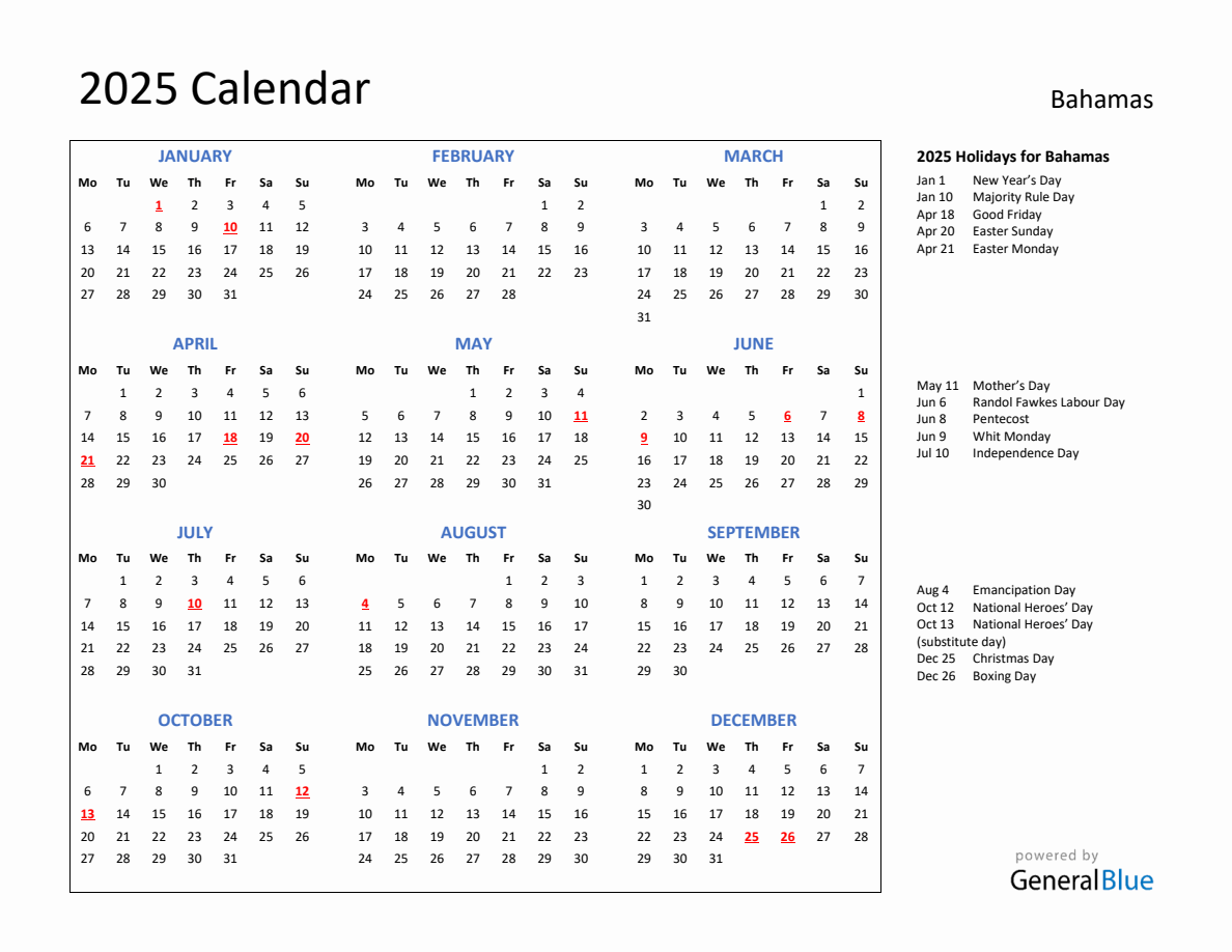 2025 Calendar with Holidays for Bahamas - Monday Start