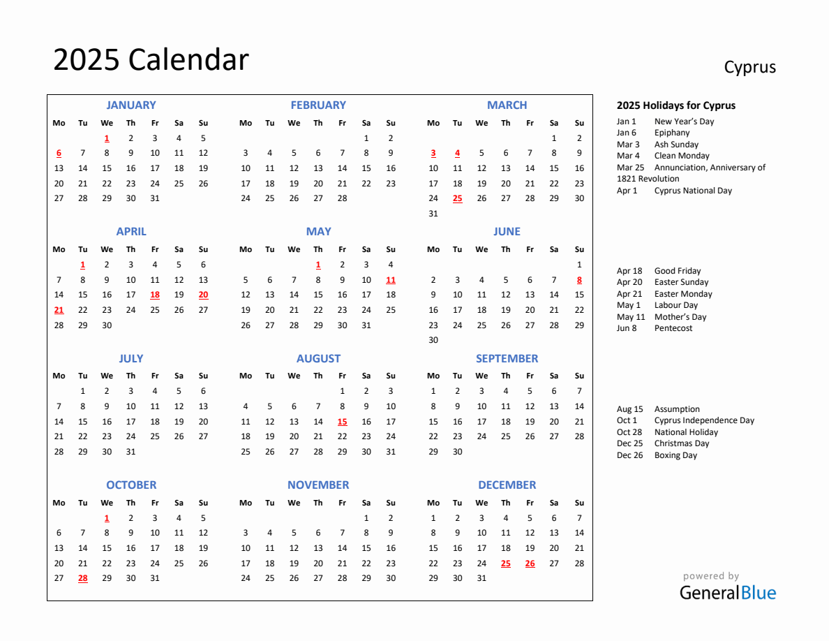 2025 Calendar with Holidays for Cyprus - Monday Start