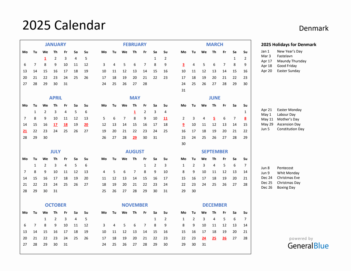 2025 Calendar with Holidays for Denmark - Monday Start