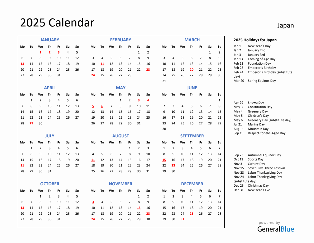 2025 Calendar with Holidays for Japan - Monday Start