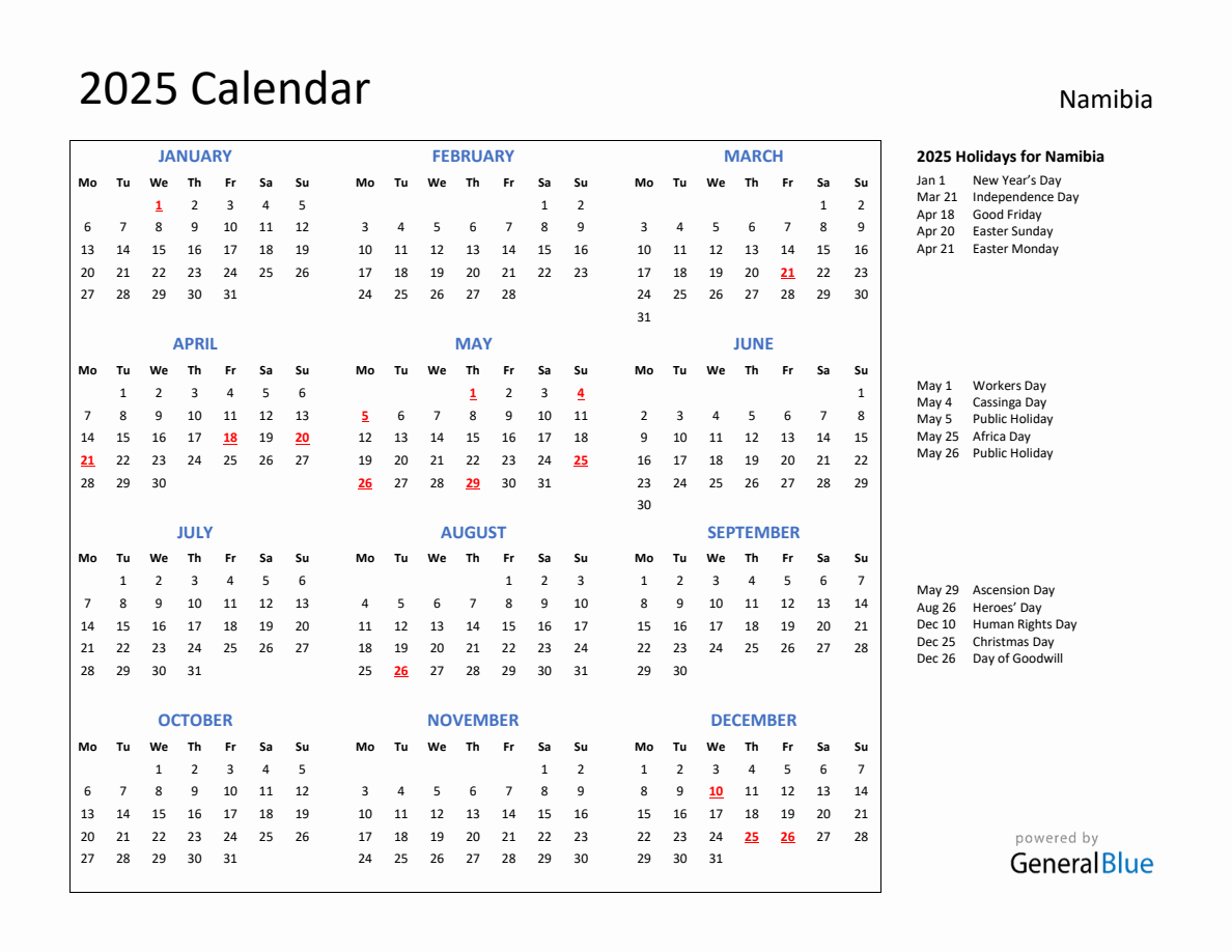 2025 Calendar with Holidays for Namibia - Monday Start