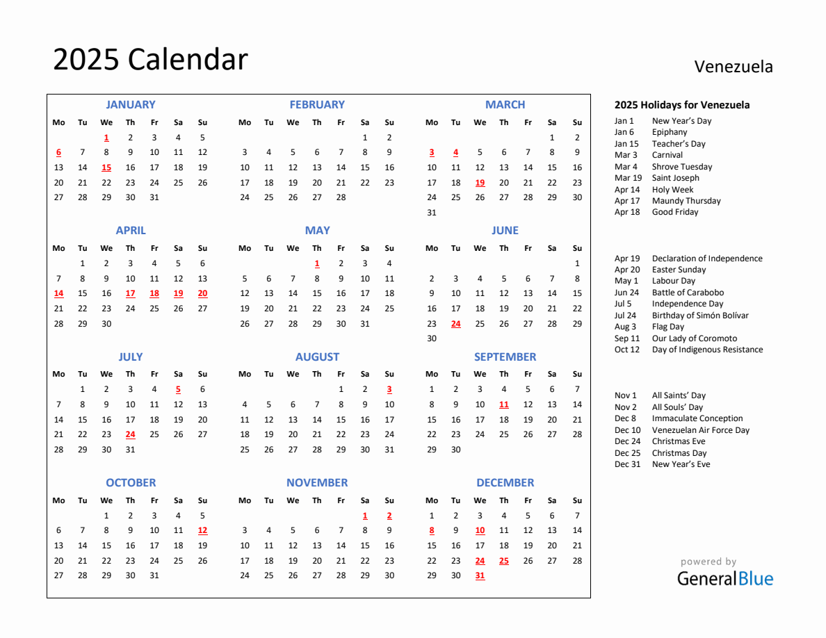 2025 Calendar with Holidays for Venezuela - Monday Start