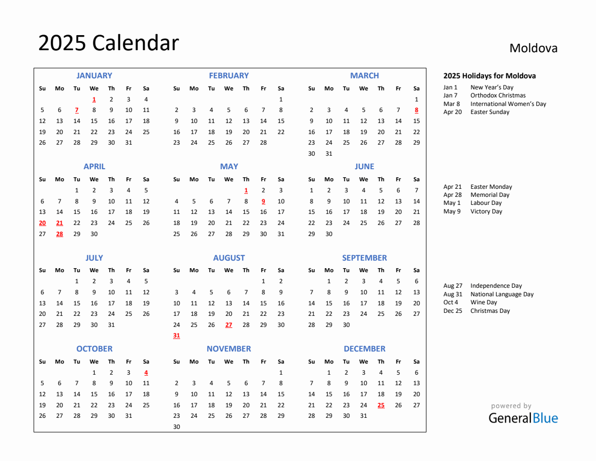 2025 Calendar with Holidays for Moldova