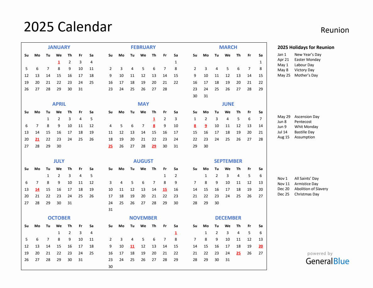 2025 Calendar with Holidays for Reunion