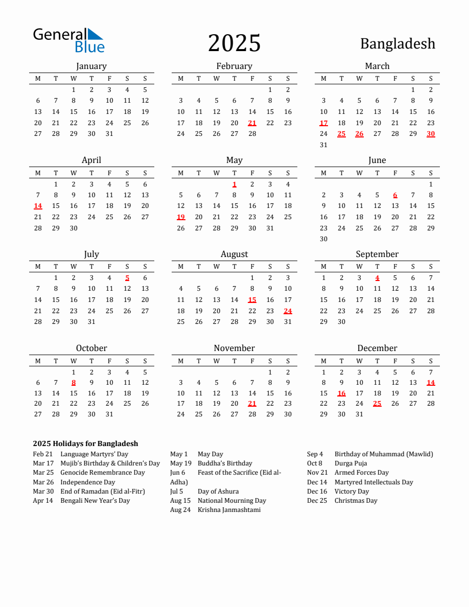 Free Bangladesh Holidays Calendar for Year 2025 - Monday Start