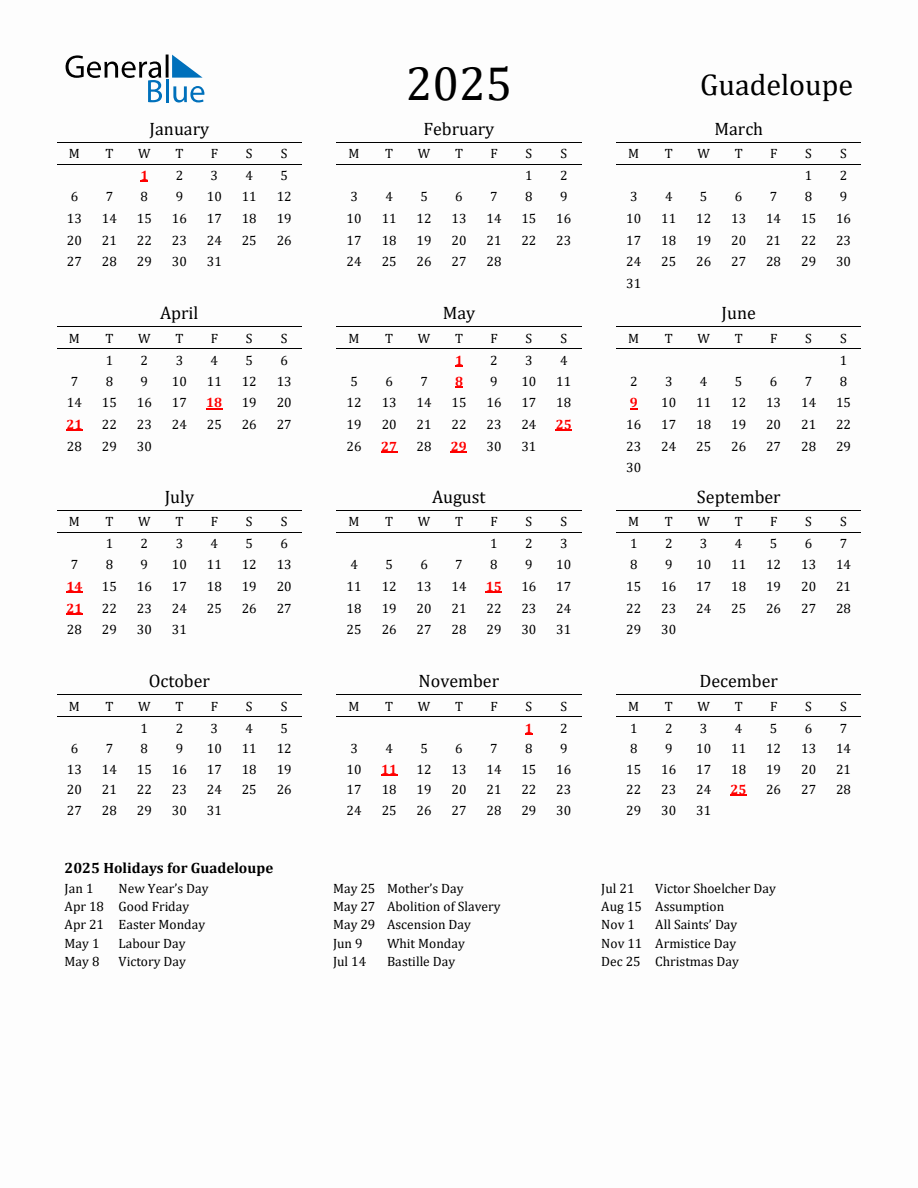 Free Guadeloupe Holidays Calendar for Year 2025
