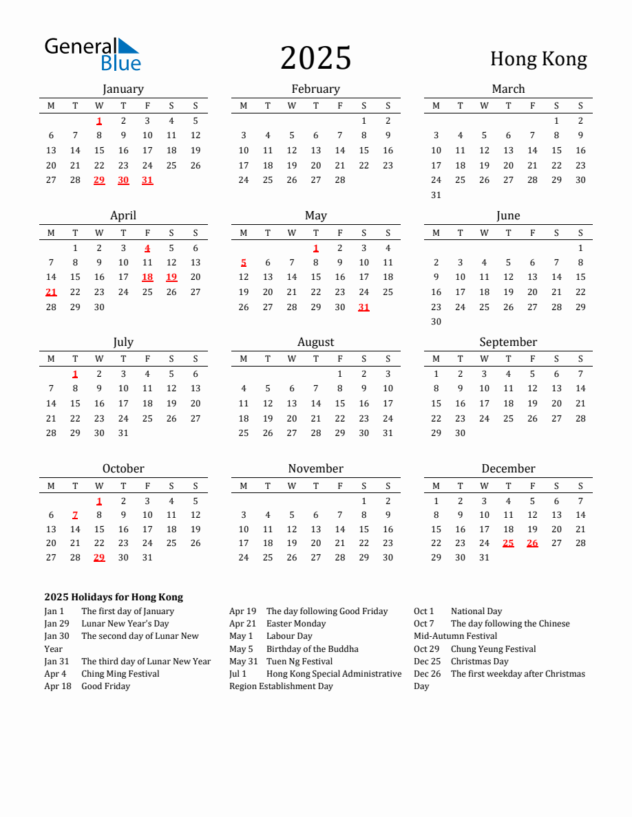 Free Hong Kong Holidays Calendar for Year 2025 - Monday Start
