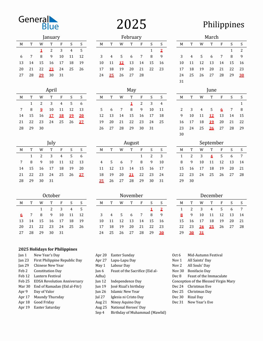 Free Philippines Holidays Calendar for Year 2025 - Monday Start