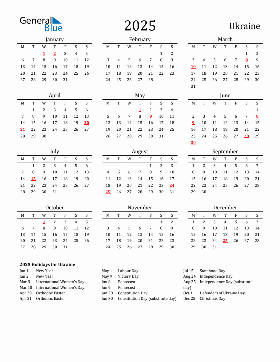 Free Ukraine Holidays Calendar for Year 2025 - Monday Start