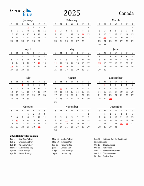 2025 Yearly Calendar Printable With Canada Holidays