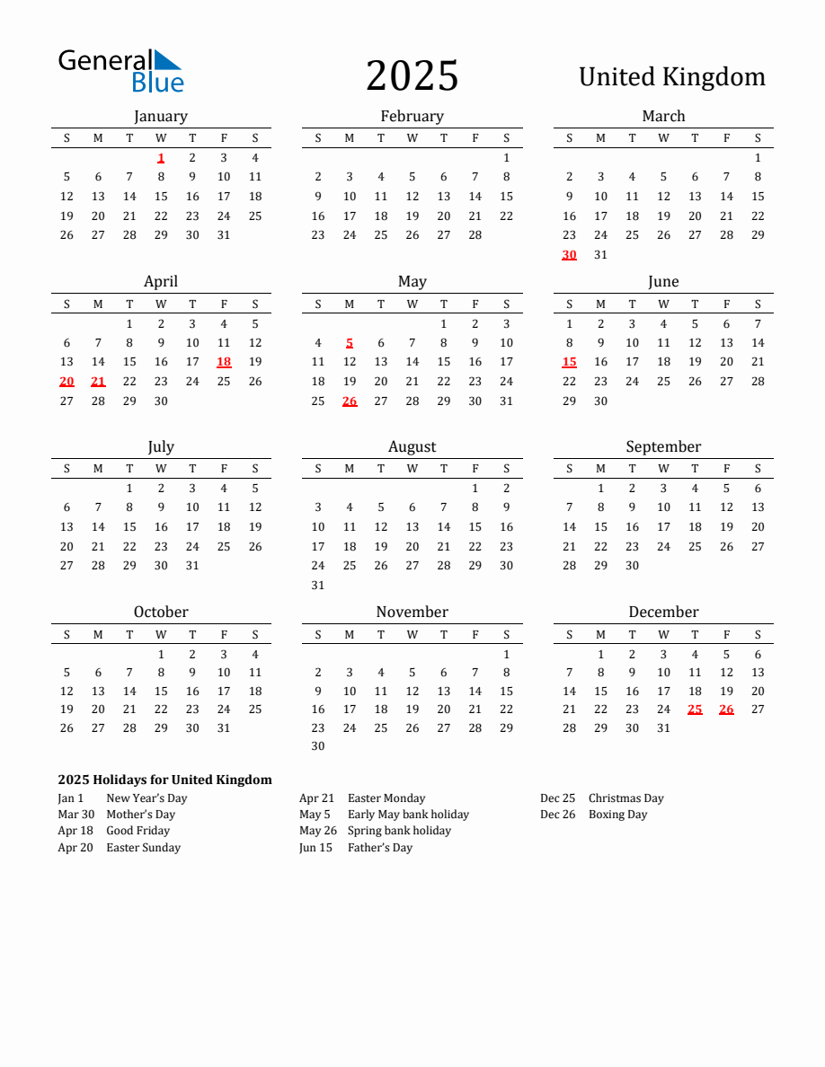 Free United Kingdom Holidays Calendar for Year 2025