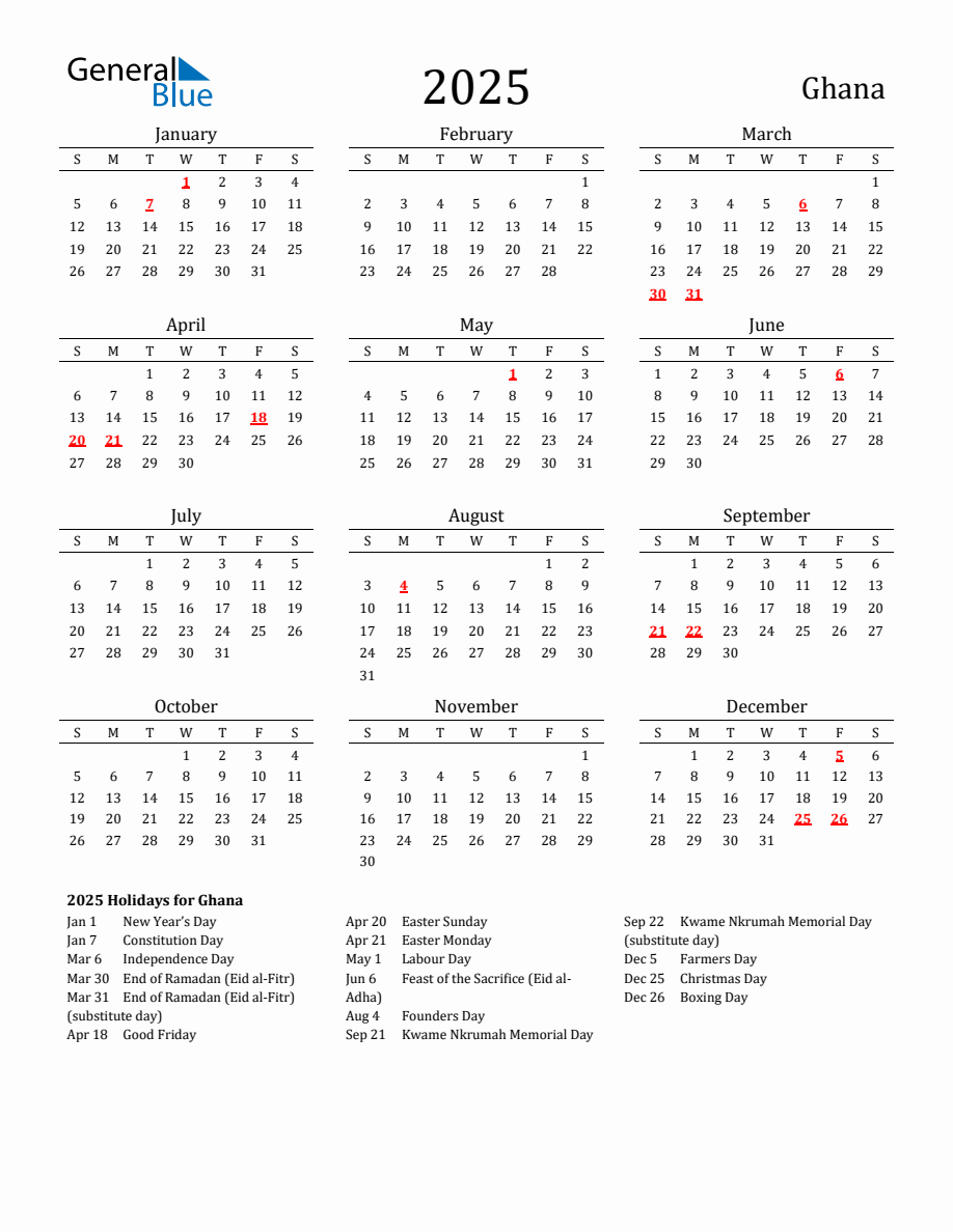 Free Ghana Holidays Calendar for Year 2025