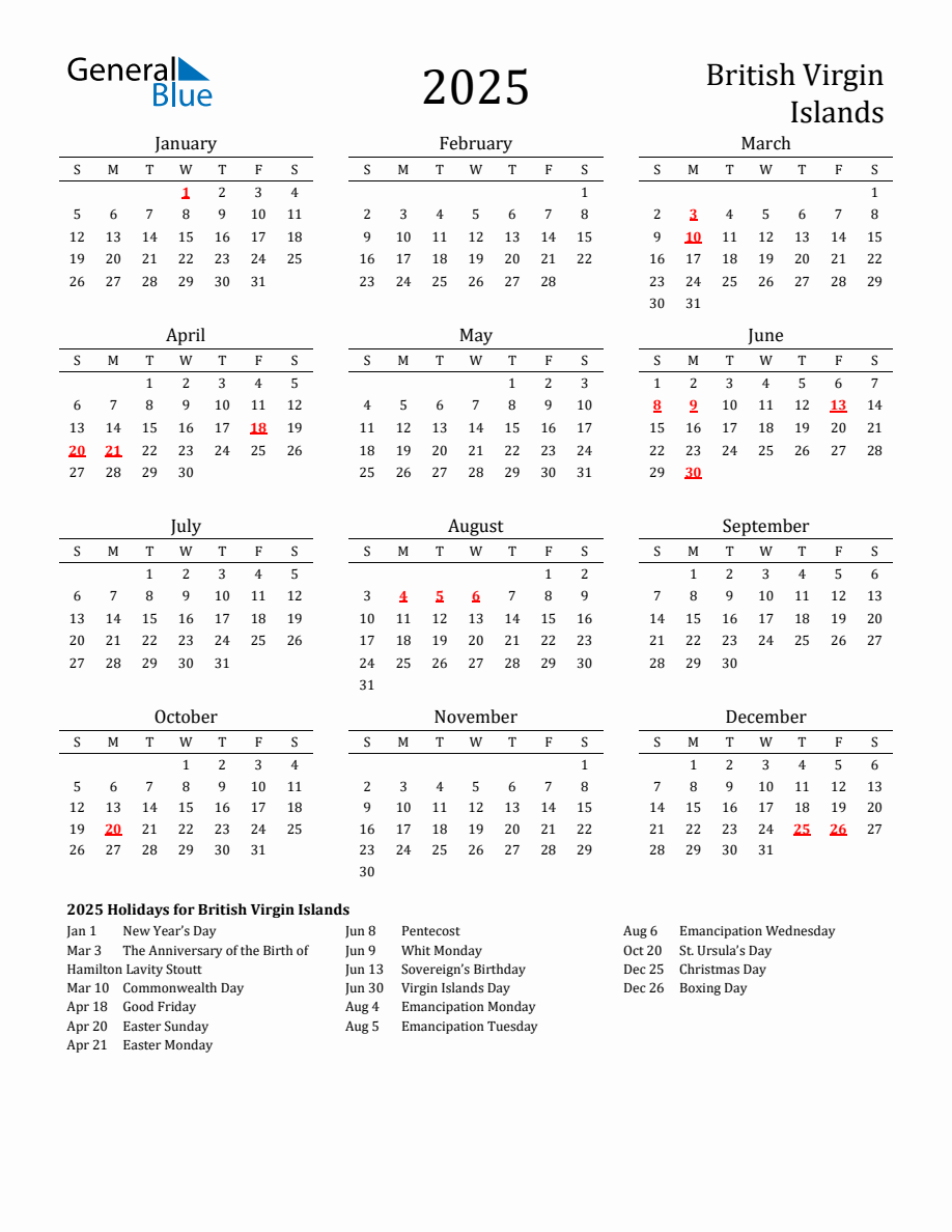 Free British Virgin Islands Holidays Calendar for Year 2025