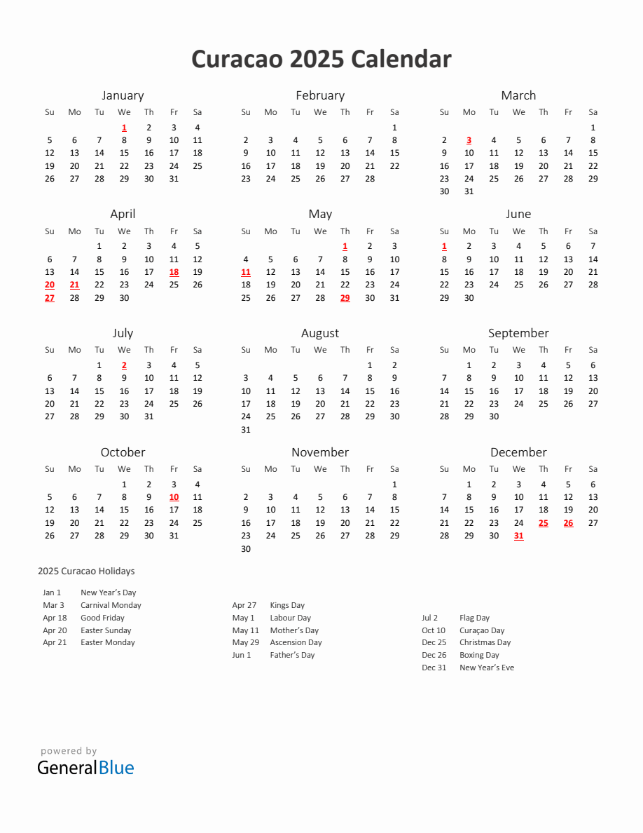 2025 Yearly Calendar Printable With Curacao Holidays