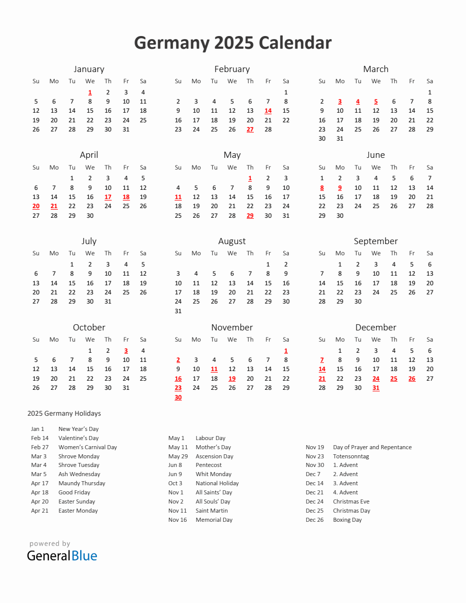 2025 Yearly Calendar Printable With Germany Holidays