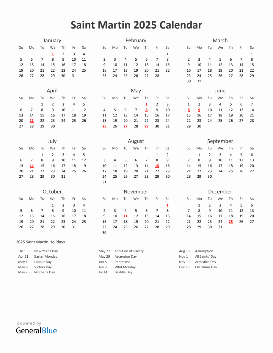 2025 Yearly Calendar Printable With Saint Martin Holidays