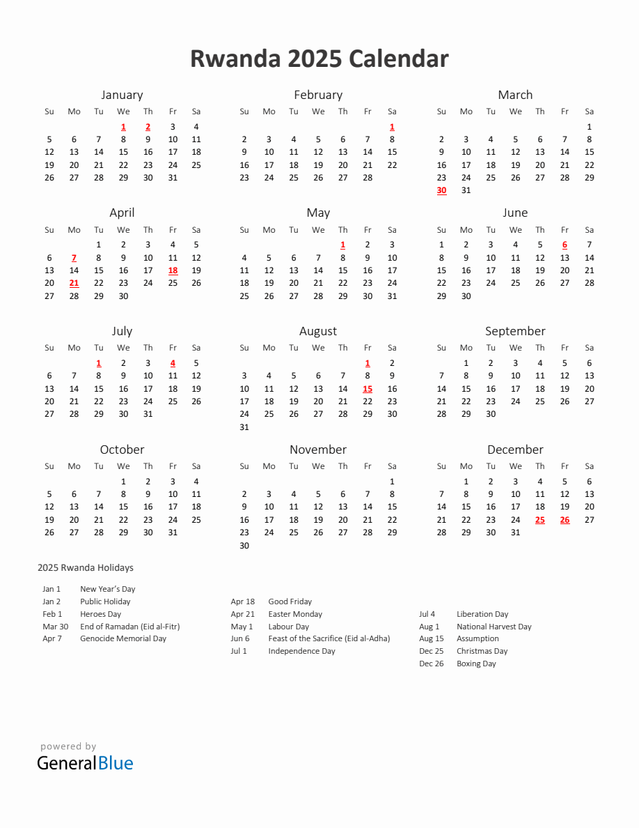 2025 Yearly Calendar Printable With Rwanda Holidays