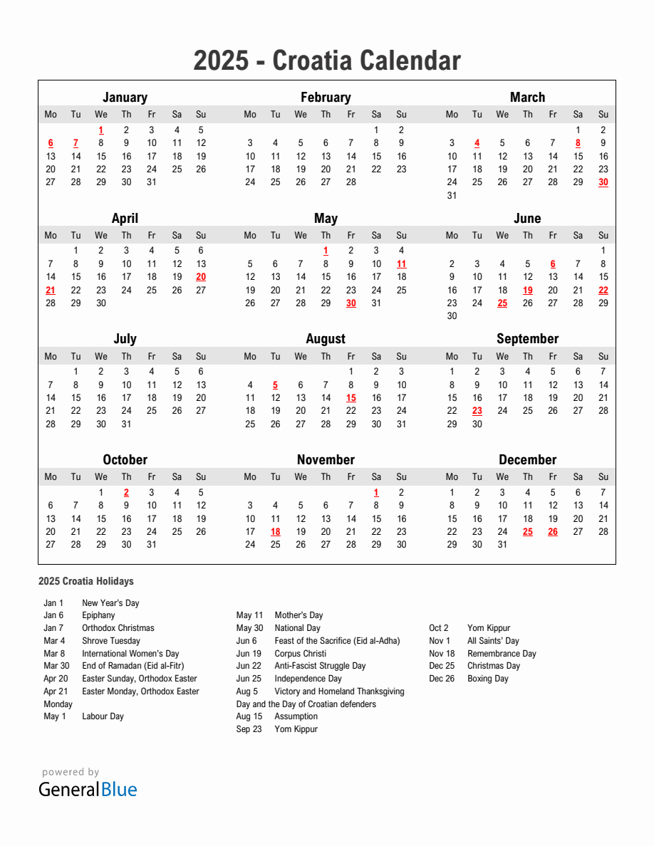 Year 2025 Simple Calendar With Holidays in Croatia - Monday Start