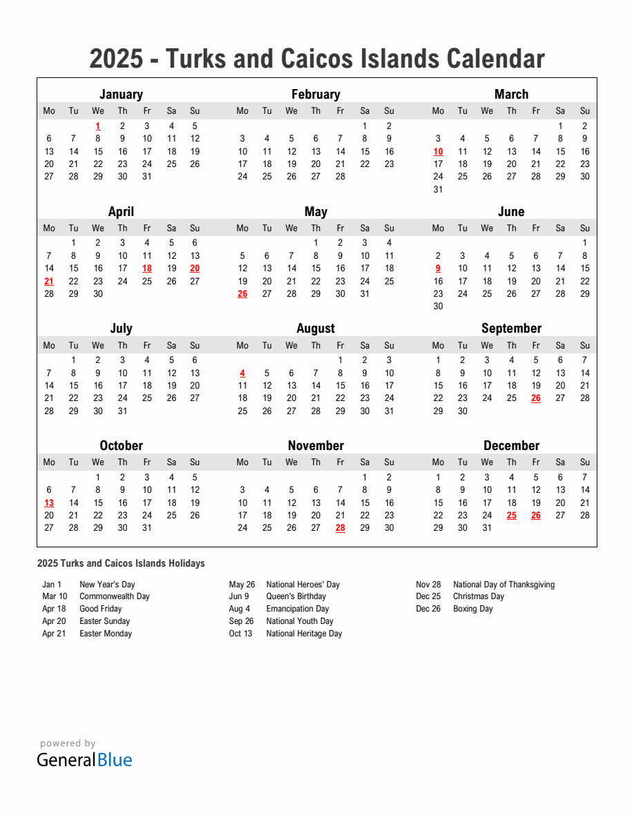 Year 2025 Simple Calendar With Holidays in Turks and Caicos Islands ...