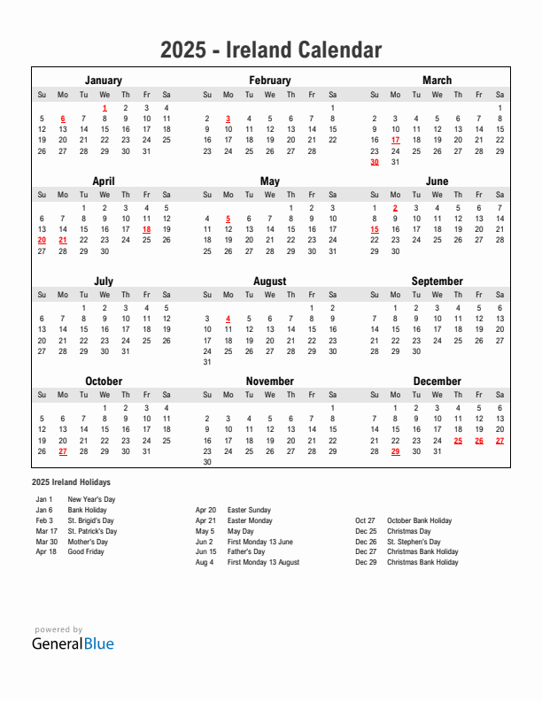 Ireland 2025 Calendar With Holidays