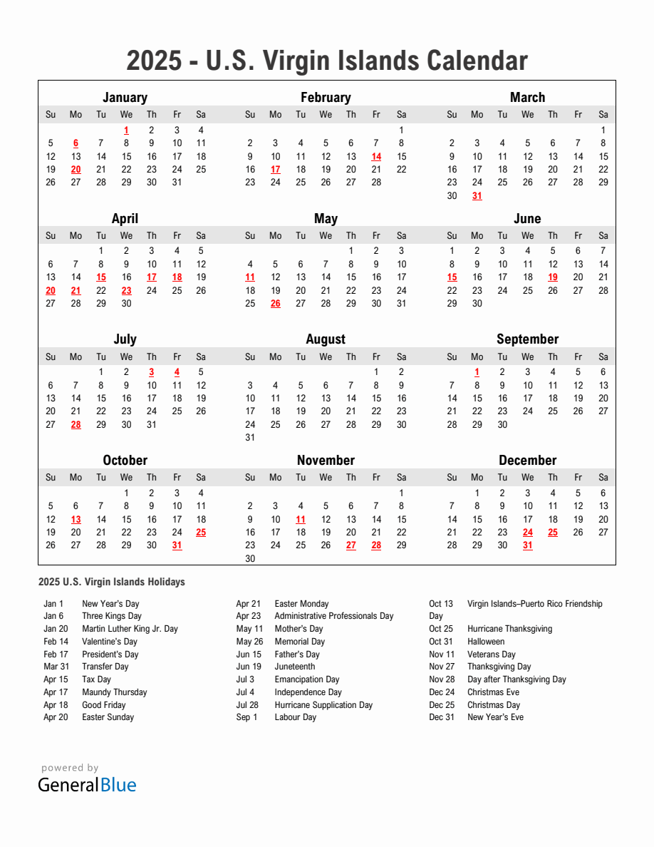 Year 2025 Simple Calendar With Holidays in U.S. Virgin Islands