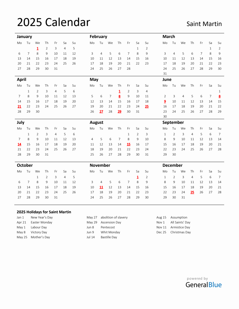 Standard Holiday Calendar for 2025 with Saint Martin Holidays - Monday ...