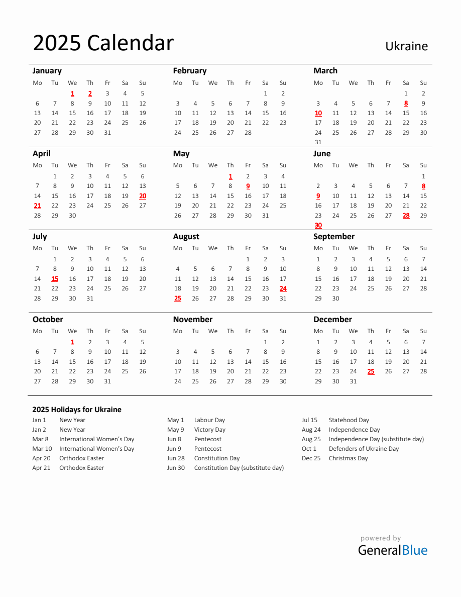 Standard Holiday Calendar for 2025 with Ukraine Holidays - Monday Start