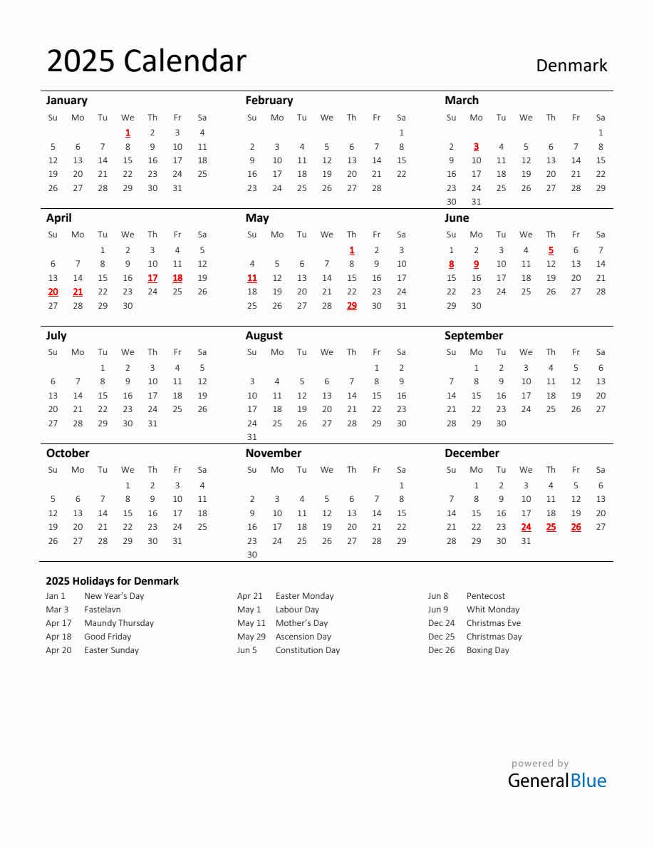 Standard Holiday Calendar for 2025 with Denmark Holidays