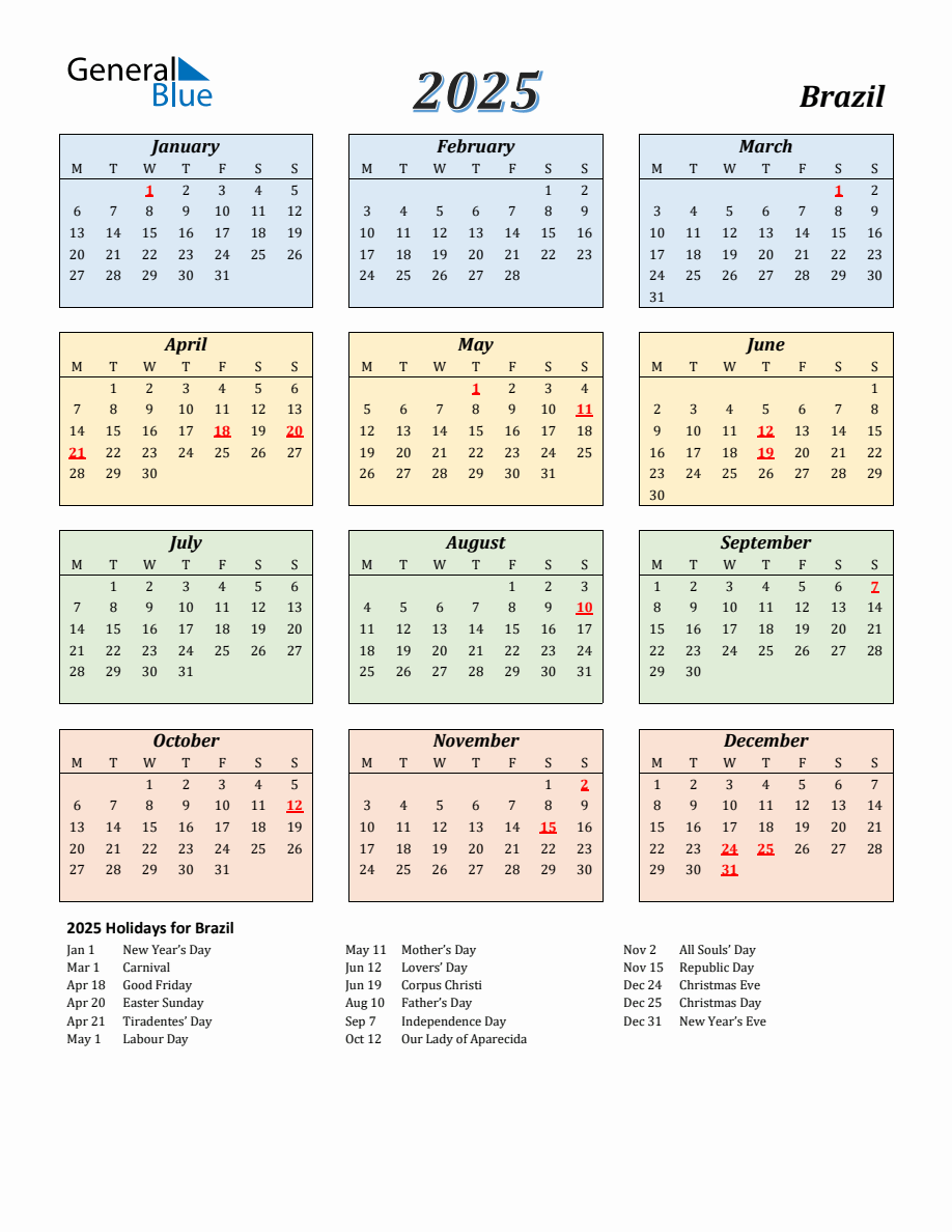 2025 Brazil Calendar - Monday Start