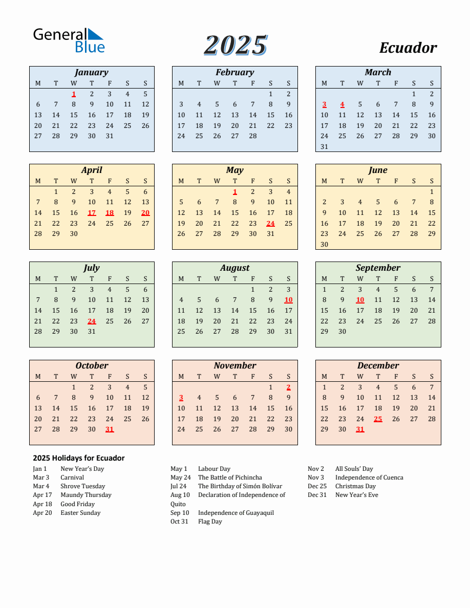 2025 Ecuador Calendar with Monday Start