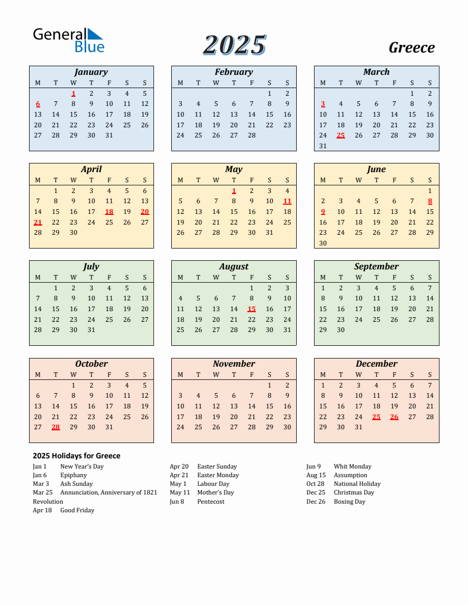 2025 Greece Calendar - Monday Start