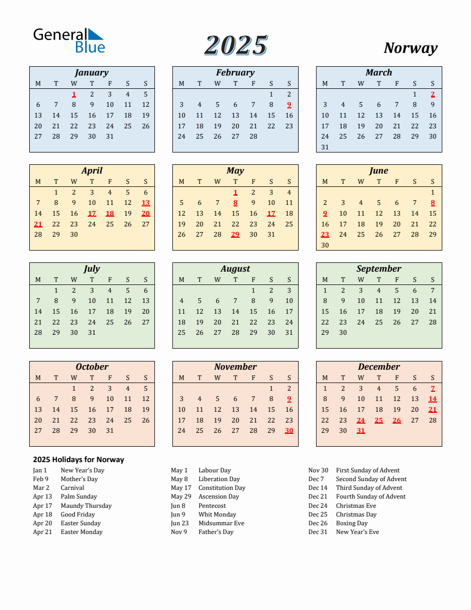 2025 Norway Calendar - Monday Start