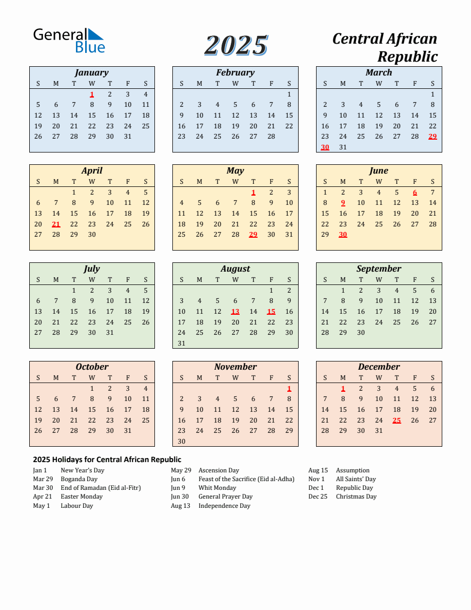 2025 Central African Republic Calendar